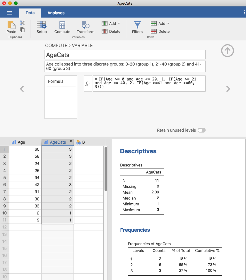 Transforming and recoding a variable — Learning statistics with jamovi